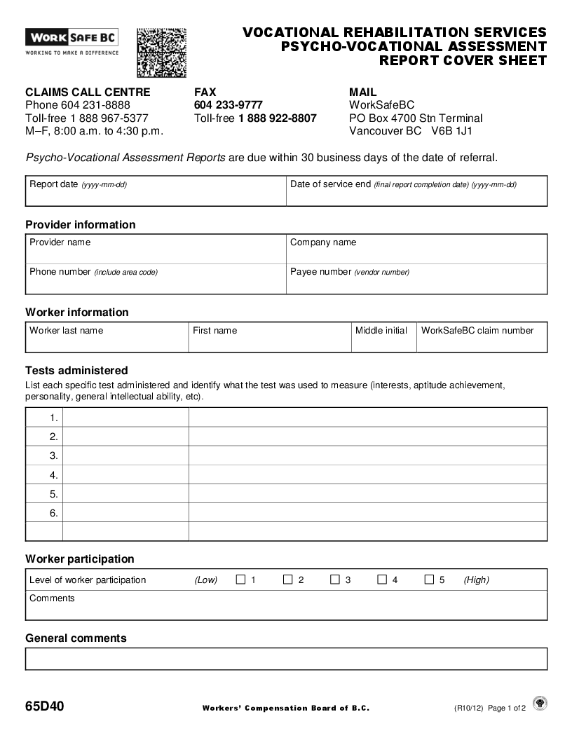 Psychological-vocational assessment - WorkSafeBC