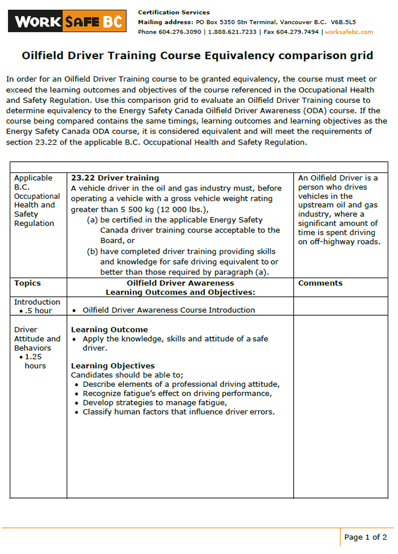 Oilfield driver training - WorkSafeBC