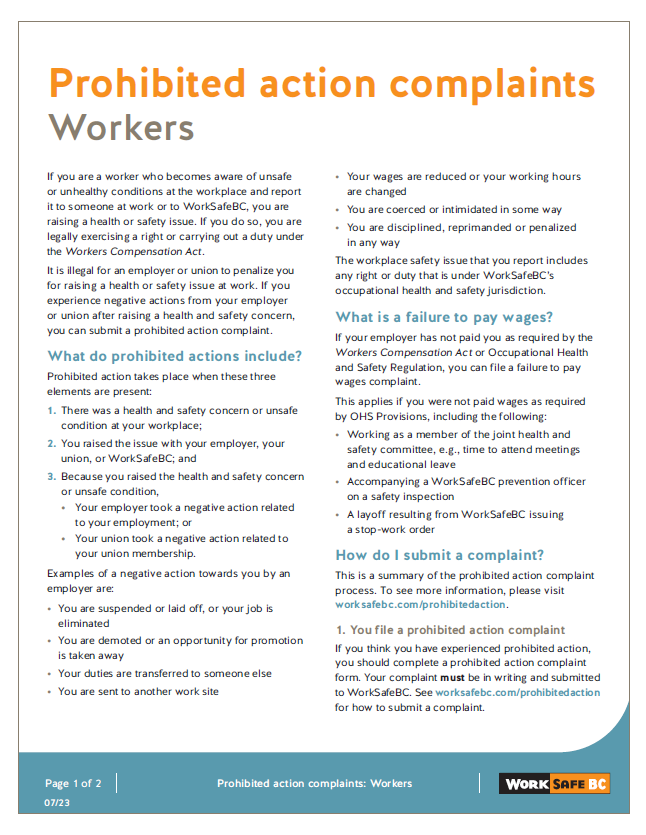 Prohibited action complaints - WorkSafeBC